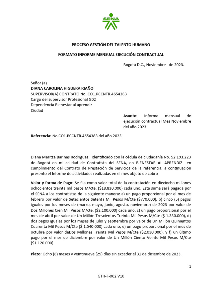 GTH-F-062-V09FORMATO INFORME MENSUAL DE EJECUCION CONTR ACTUALv | PDF | Ciencias sociales