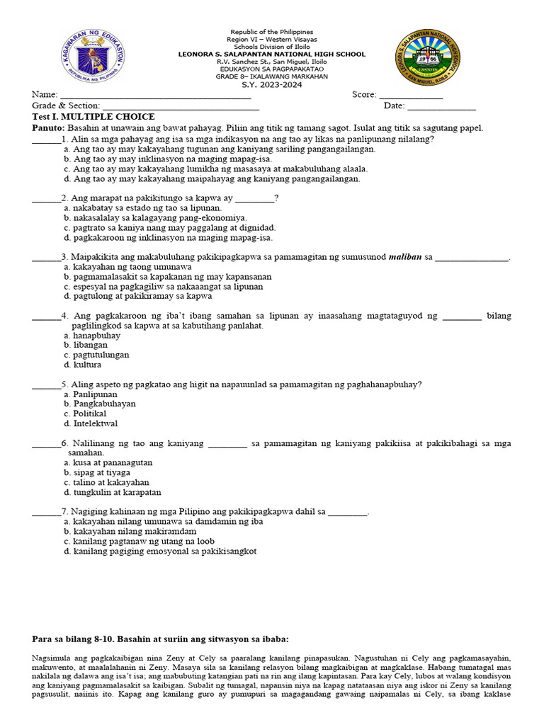 Esp 8 2nd Quarter Exam | PDF