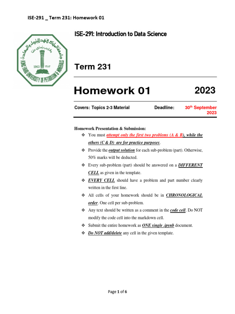 Homework 01 ISE-291-T231 | PDF