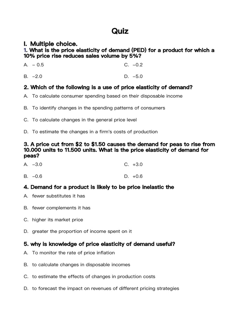 Price Elasticity of Demand Quiz | PDF | Demand | Price Elasticity Of Demand
