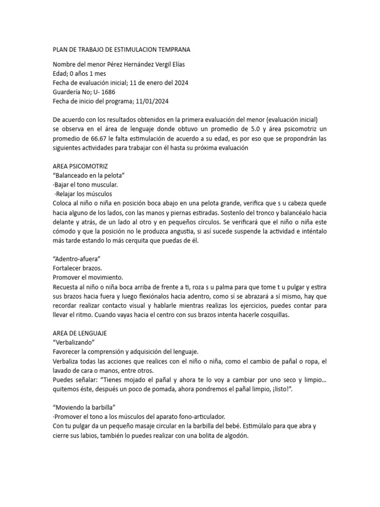 Plan de Trabajo de Estimulacion Temprana | PDF