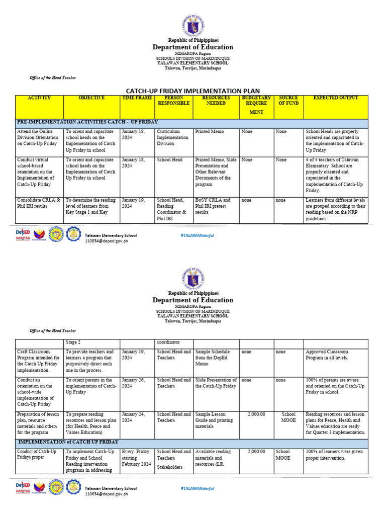 Catch-Up Friday Implementation Plan - Talawan Es | PDF