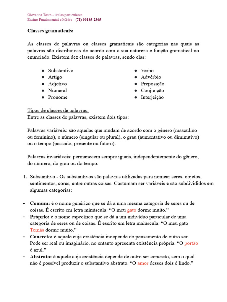 Atividade Classes Gramaticais | PDF | Classe gramatical | Tipologia ...