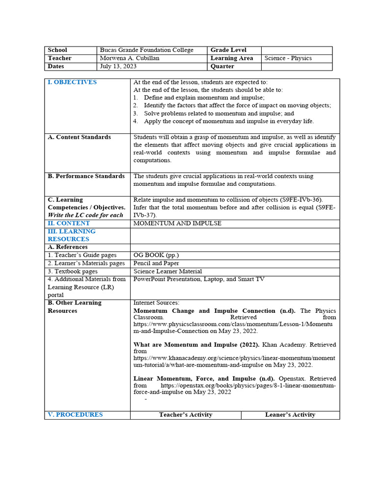 Daily Lesson Plan - Momentum and Impulse | PDF | Momentum | Force