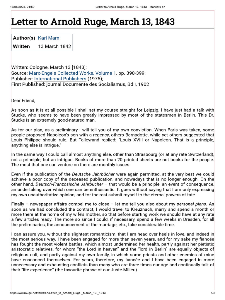 Letter To Arnold Ruge, March 13, 1843 - Marxists | PDF | Philosophy ...