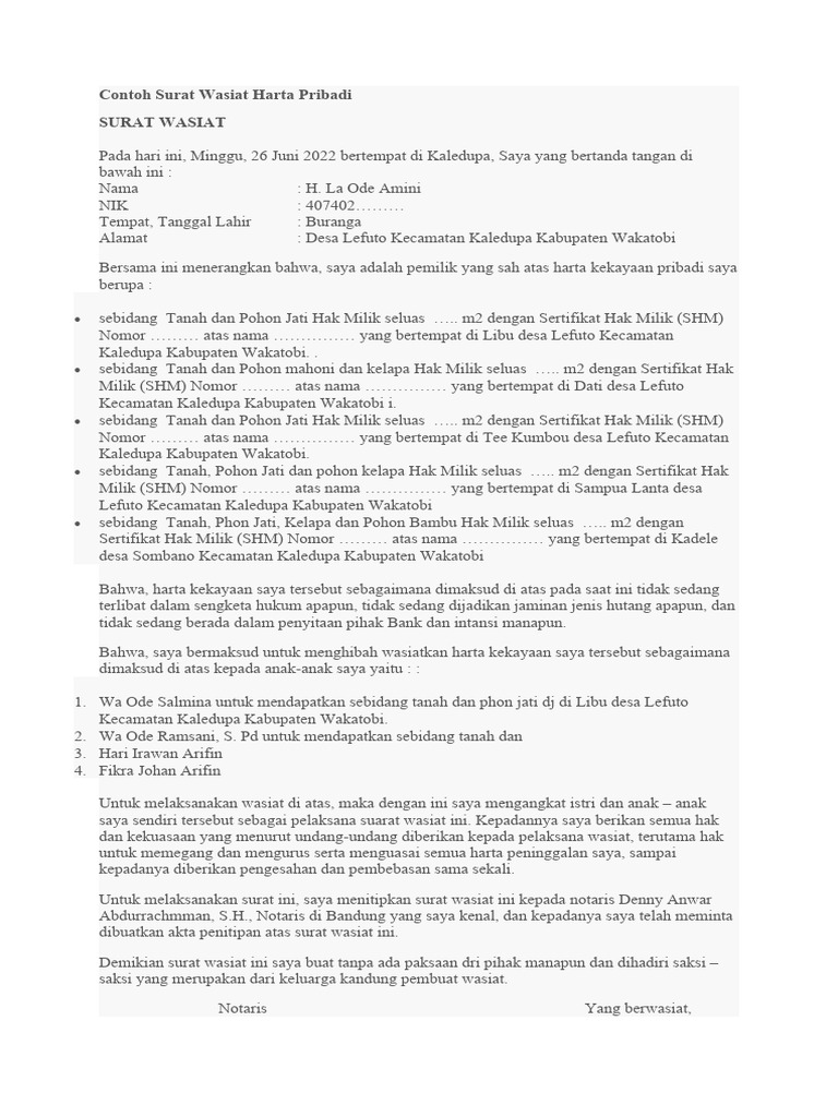 Contoh Surat Wasiat Harta Pribadi | PDF | Hukum