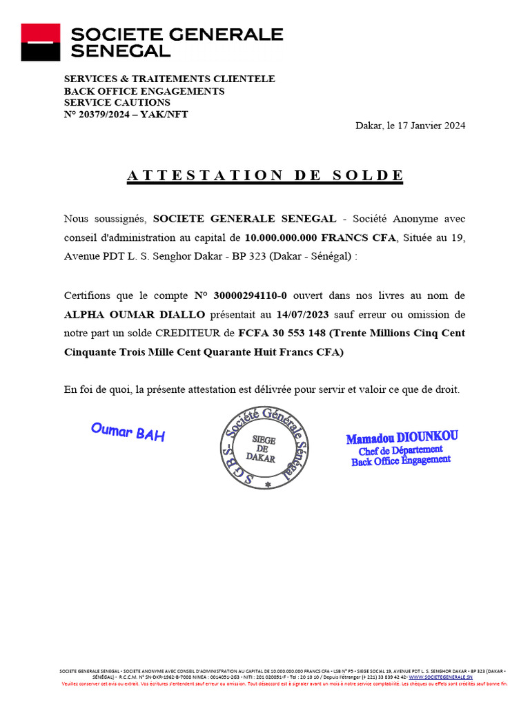 Attestation de Solde Bancaire Societe General | PDF
