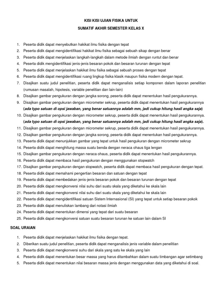 Kisi Kisi FISIKA Kelas X | PDF