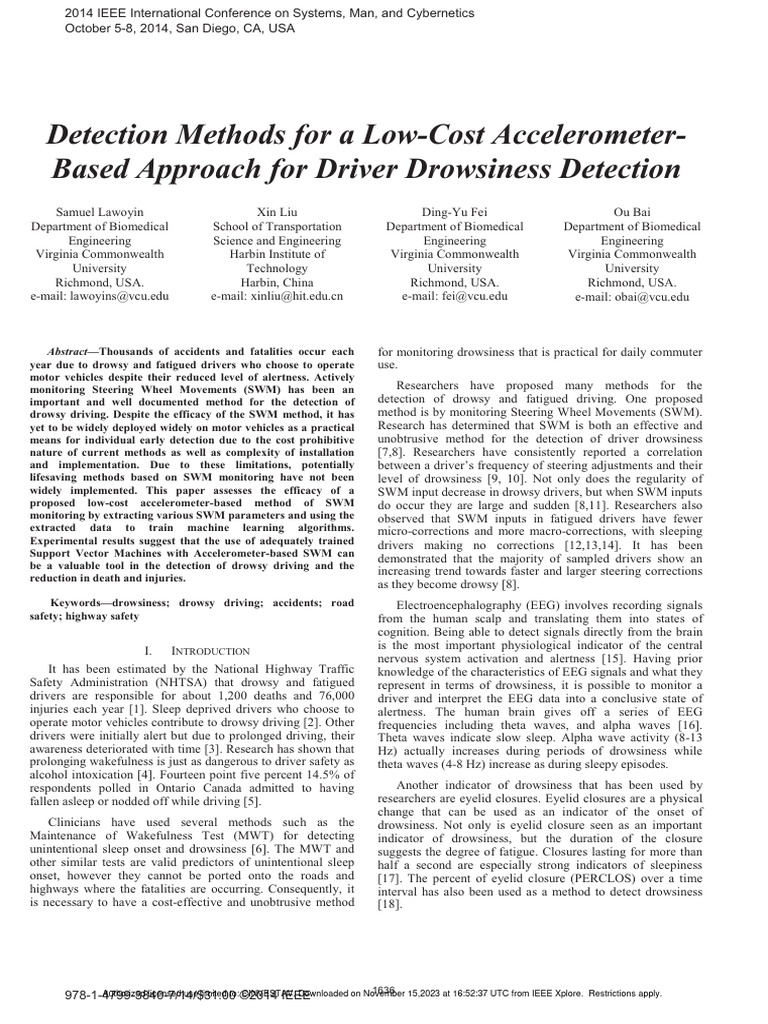 Detection Methods For A Low-Cost Accelerometer-Based Approach For Driver Drowsiness Detection | PDF