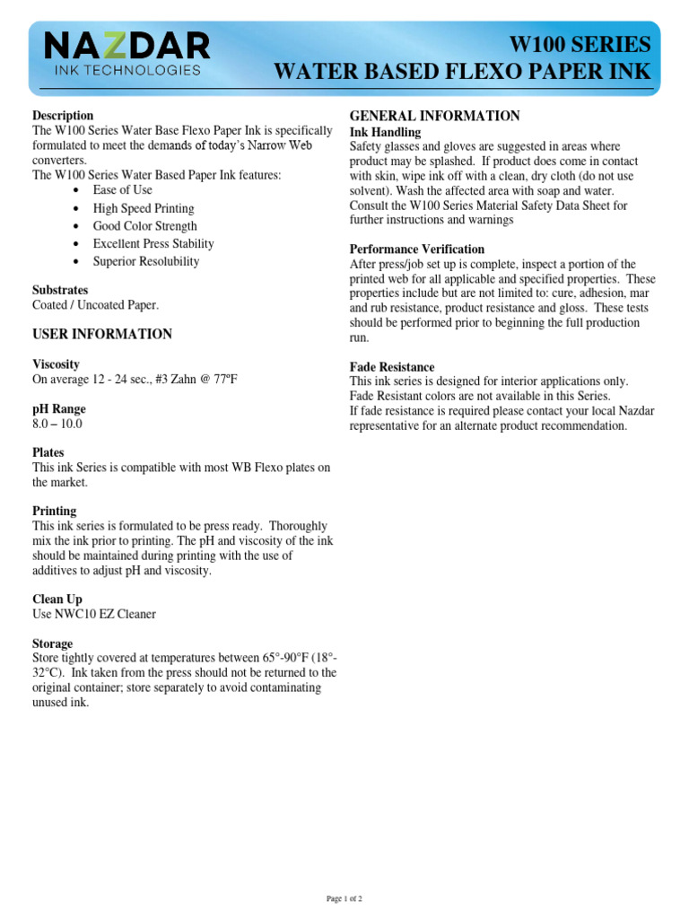 Nazdar W100 Water Based Flexo Ink | PDF | Color | Ink