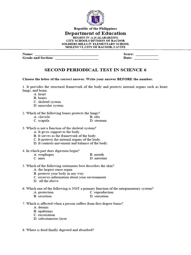 2nd Periodical Test Science 6 | PDF | Integumentary System | Atrium (Heart)