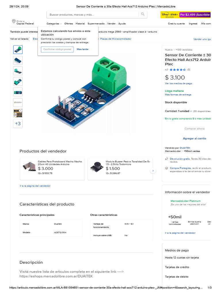 Sensor de Corriente 30a Efecto Hall Acs712 Arduino Ptec | PDF