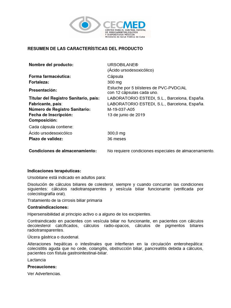 M19037a05 Ursobilane 300 | PDF | Medicamentos con receta | Bilis