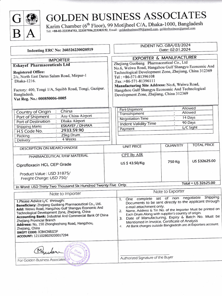 Indent Copy of 750kg Ciprofloxacin CEP Grade 1 | PDF