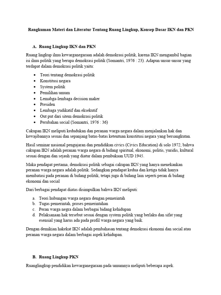 Rangkuman Materi Dan Literatur Tentang Ruang Lingkup IKN Dan PKN | PDF