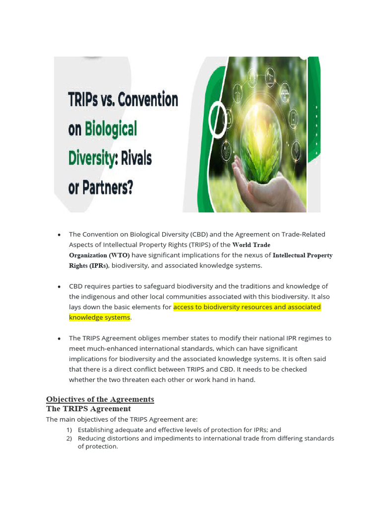 Objectives of TRIPS and CBD Agreements | PDF | Intellectual Property ...