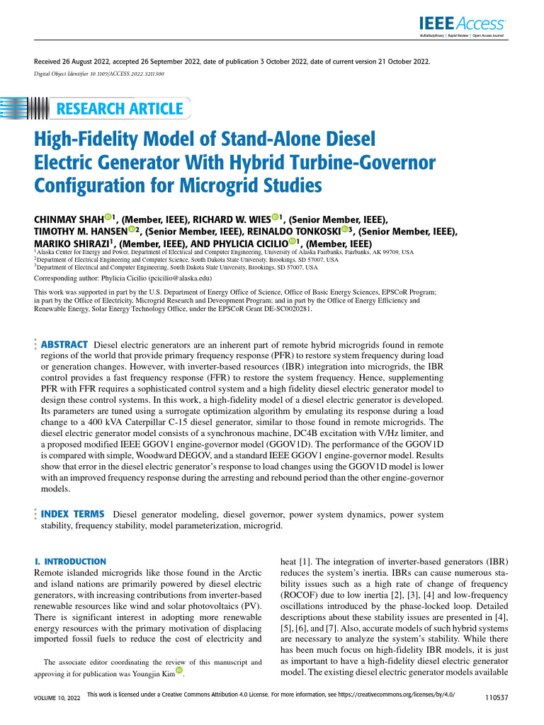 High-Fidelity Model of Stand-Alone Diesel Electric Generator With Hybrid Turbine-Governor ...
