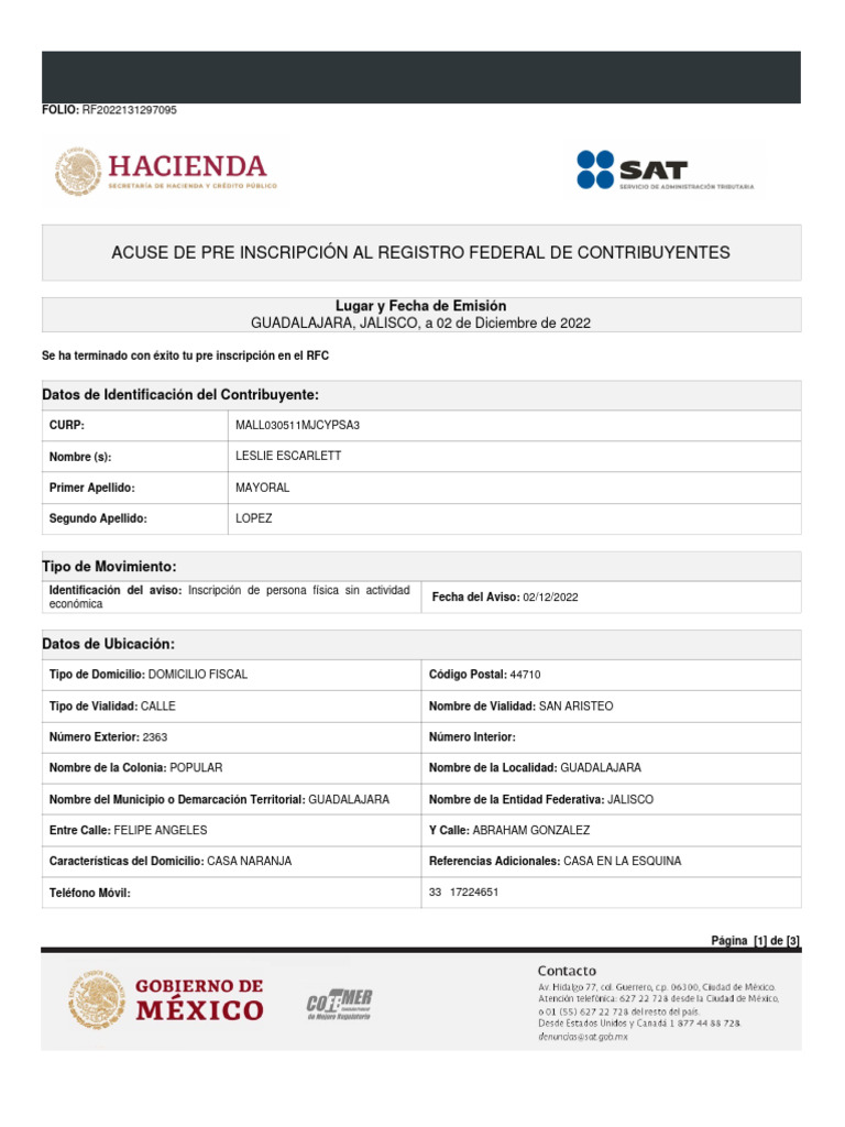 Acuse de Pre Inscripción Al Registro Federal de Contribuyentes | PDF ...