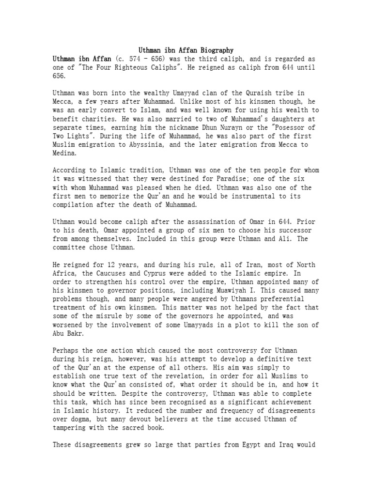 Uthman ibn Affan: Third Caliph Biography | PDF | Umar | Muhammad