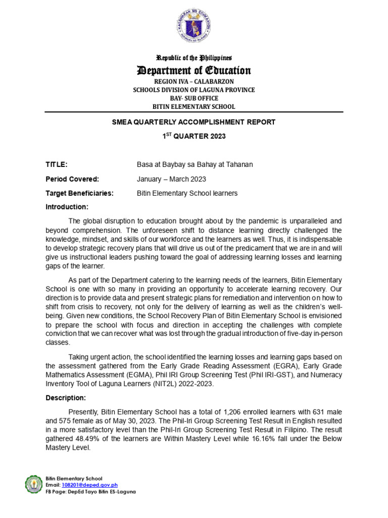 SMEA Accomplishment Report For Project Basa January To March 2023 | PDF ...