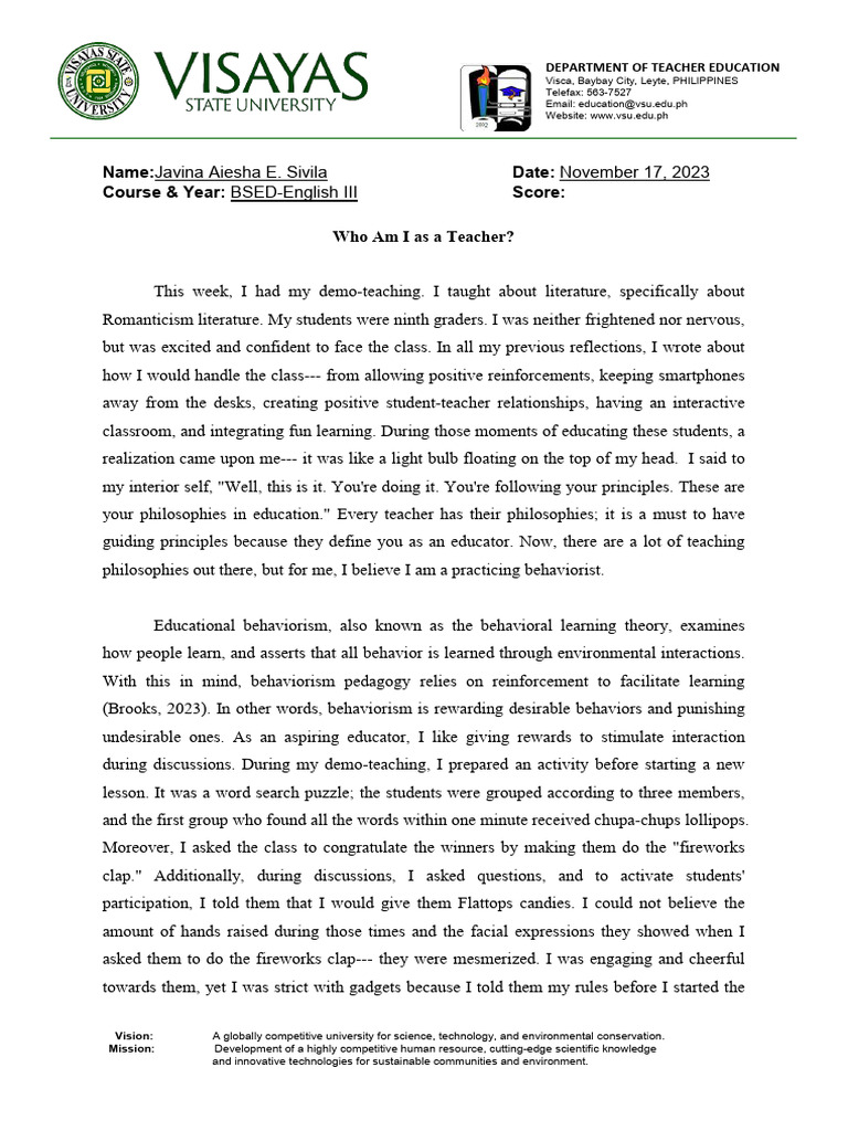 Sivila - Reflection 7 - Field Study | PDF | Teachers | Behaviorism