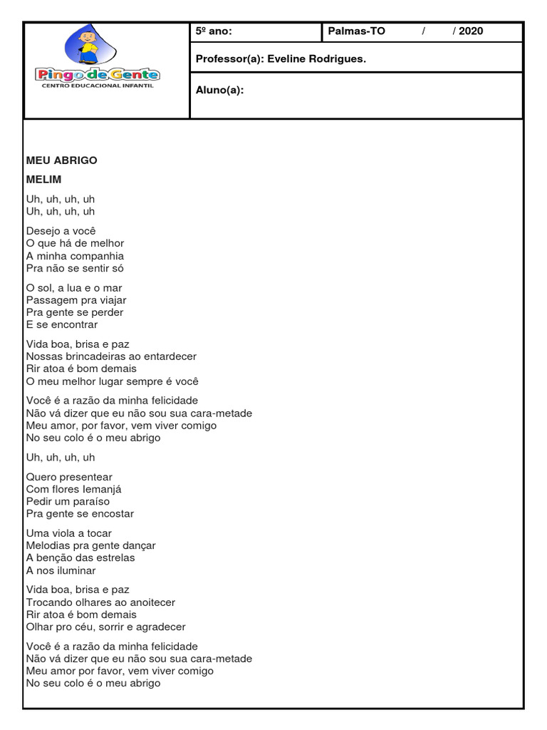 Interpretação Música Meu Abrigo Melim | PDF