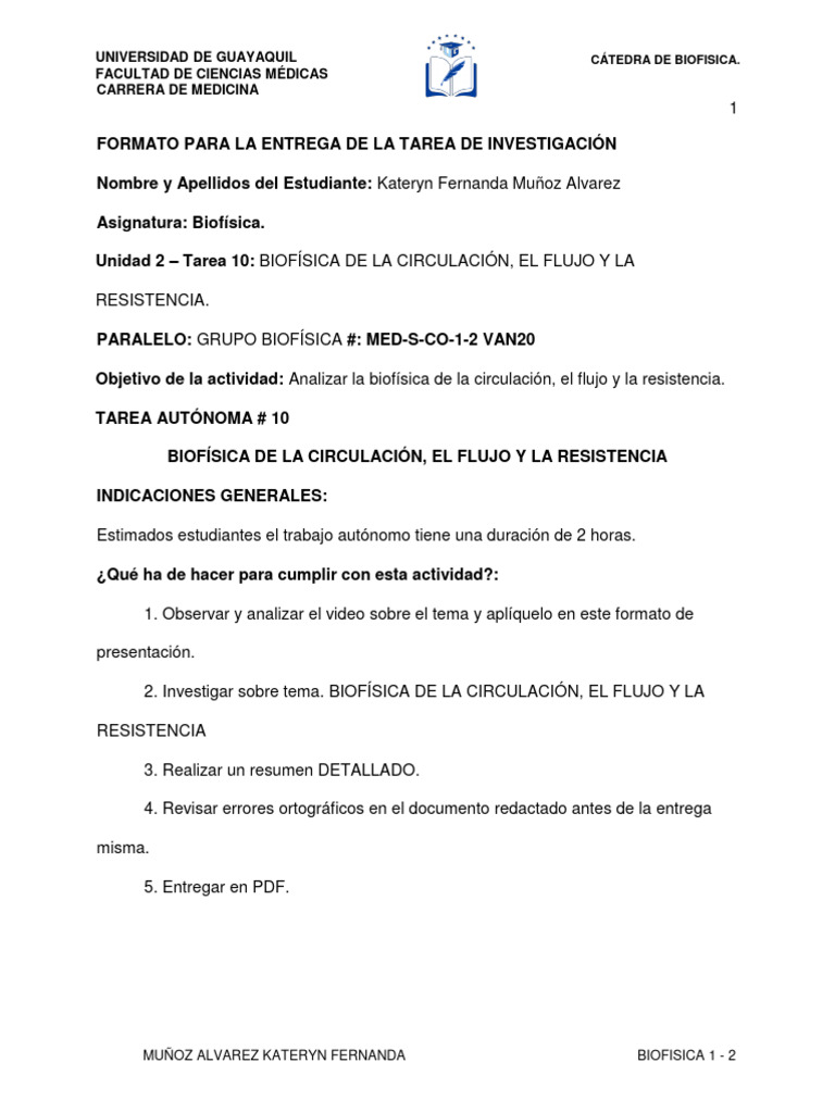 Tarea Autónoma #10 - Biofísica de La Circulación, El Flujo y La ...