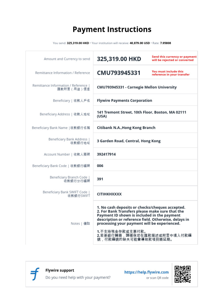 Payment Instructions for CMU via Flywire | PDF | Wire Transfer | Banks