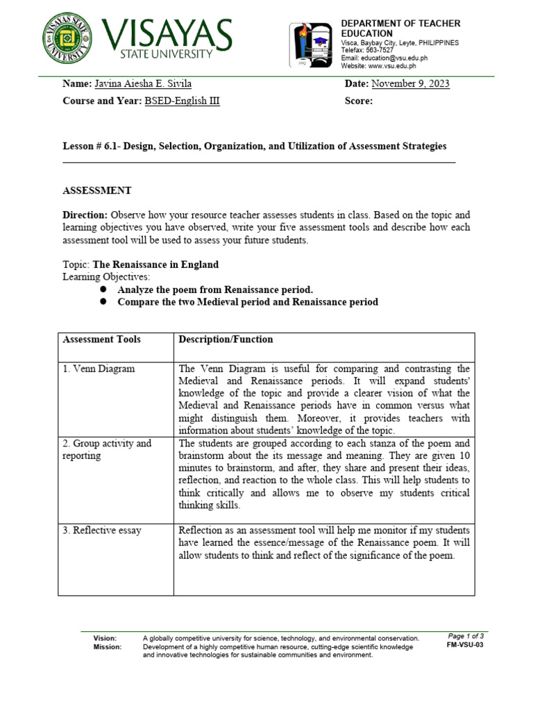 SIVILA - ASSESSMENT 6.1 - Field Study | PDF | Teachers | Human ...