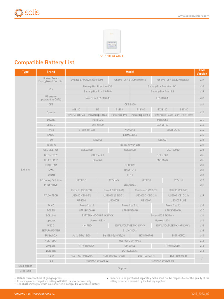 Solis Leaflet Battery Matching S5-EH1P (3-6) K-L V2.5 2023 07 | PDF | Electricity | Electric Power