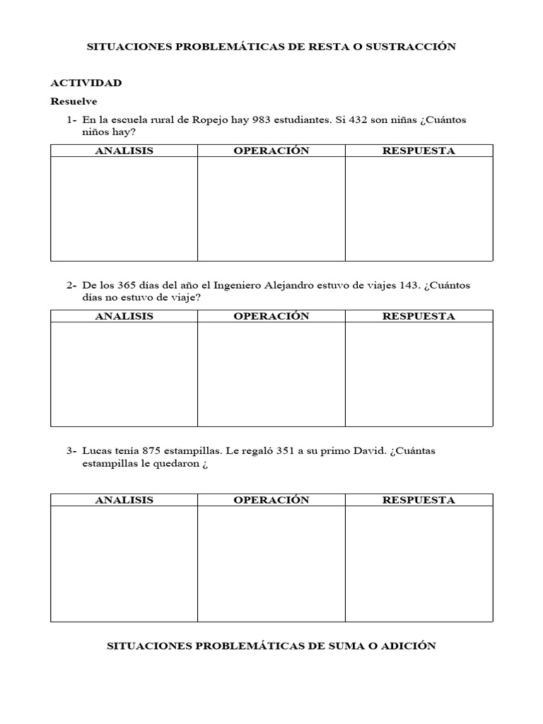 5 Problemas de Resta para Resolver | PDF