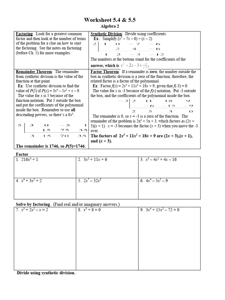 Homework 5.4-5.5 Factoring and Long Division WS | PDF | Factorization | Polynomial