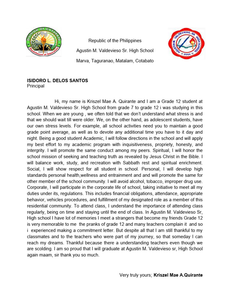 Student Commitment Letter | PDF | Wellness