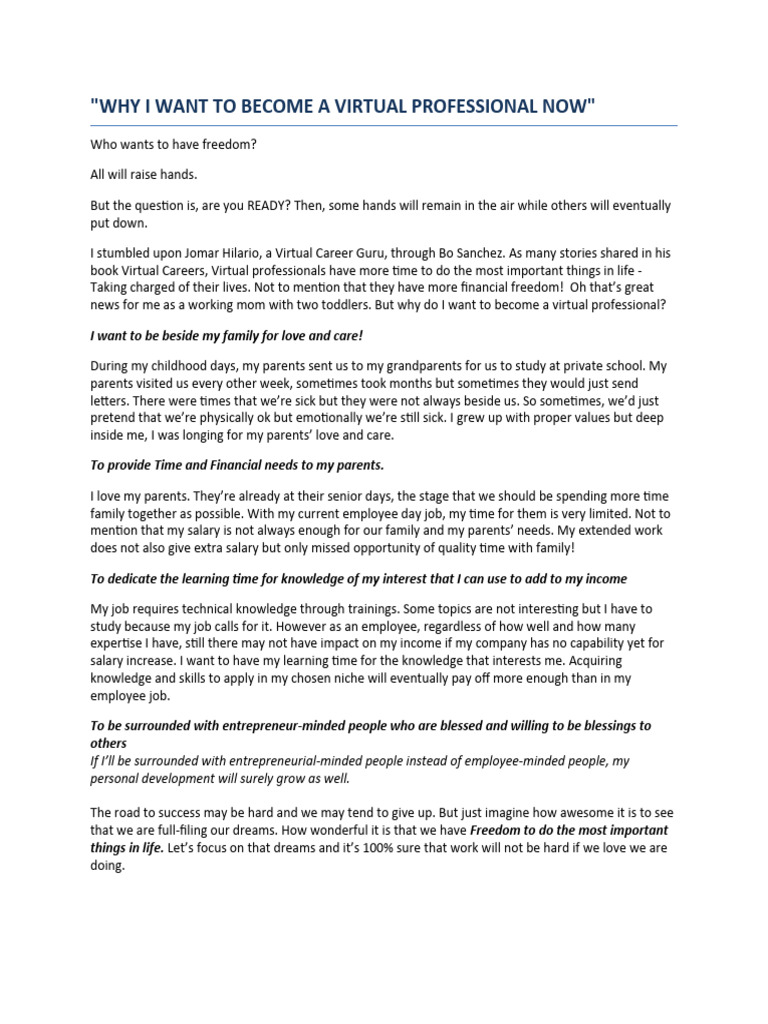 Why I Want To Become A Virtual Professional Now | PDF | Behavioural ...