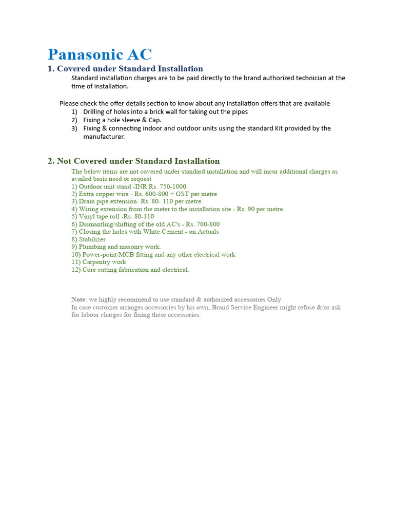 Panasonic AC Installation Charges Explained | PDF | Technology ...