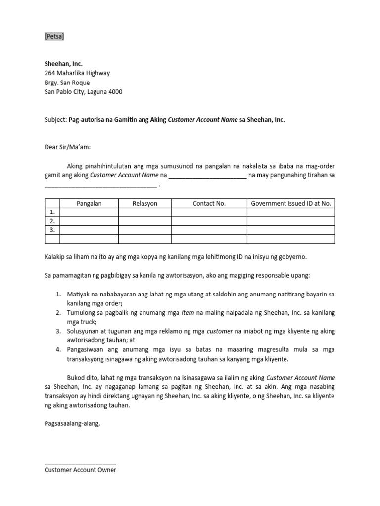 Authorization Letter From Customer Tagalog | PDF