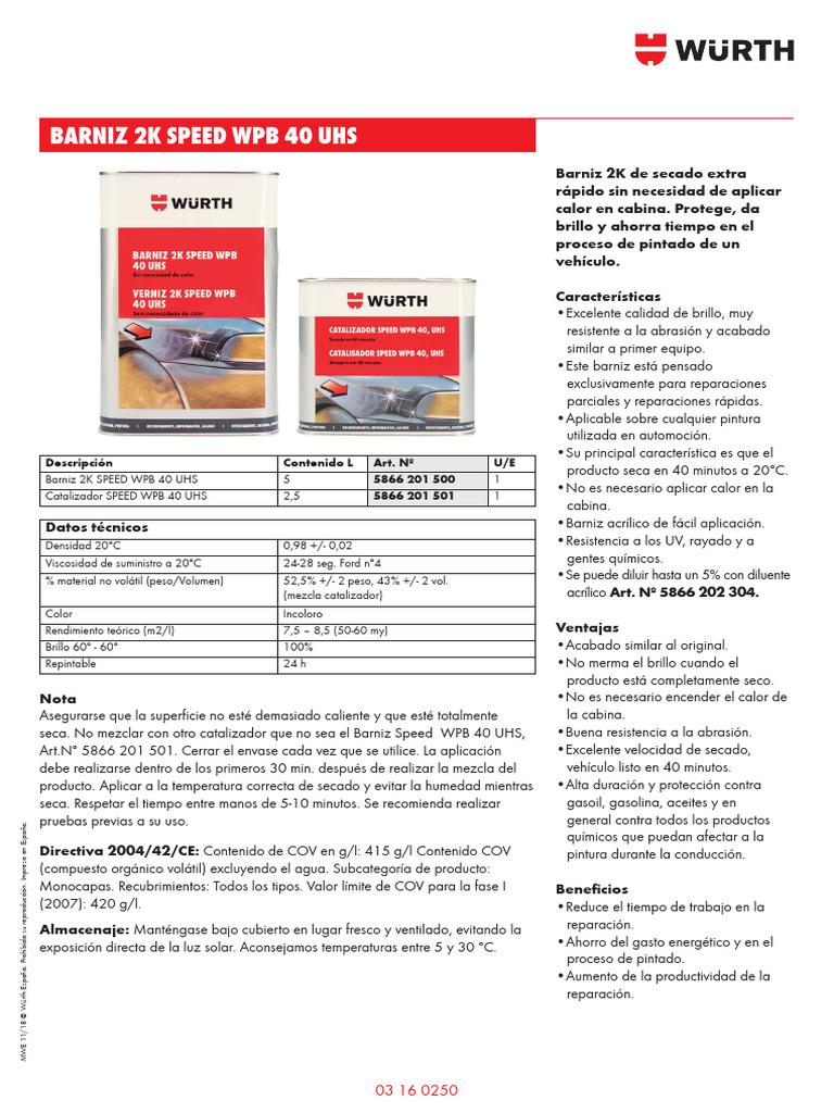 Barniz 2K Speed WPB 40 Uhs: Descripción Contenido L Art. #U/E 5866 201 ...