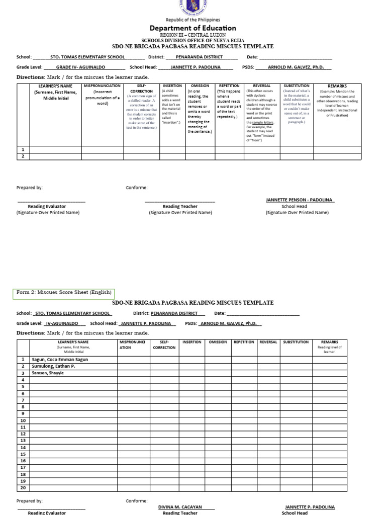 FORM 2 Miscues in Reading Scoring Template Blank | PDF | Learning ...