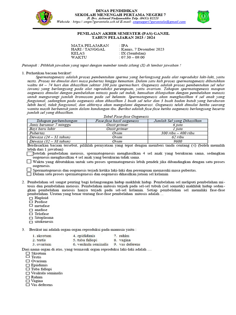 Soal PAS IPA Kls 9 Gnjil 2023-2024 | PDF