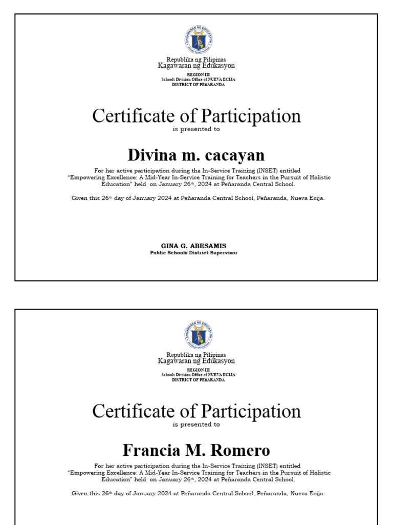 Certificate of Participation INSET | PDF Certificate of Participation INSET | PDF