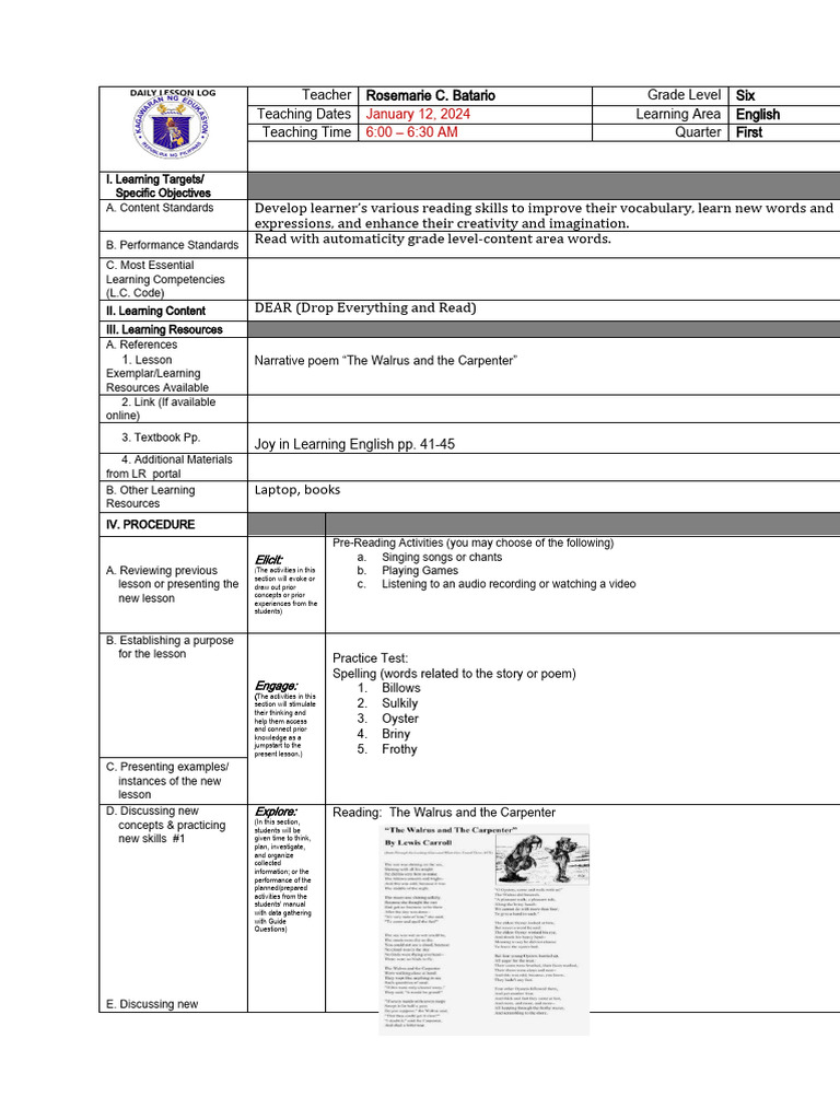 DLP English 6 DEAR | PDF | Learning | Cognitive Psychology