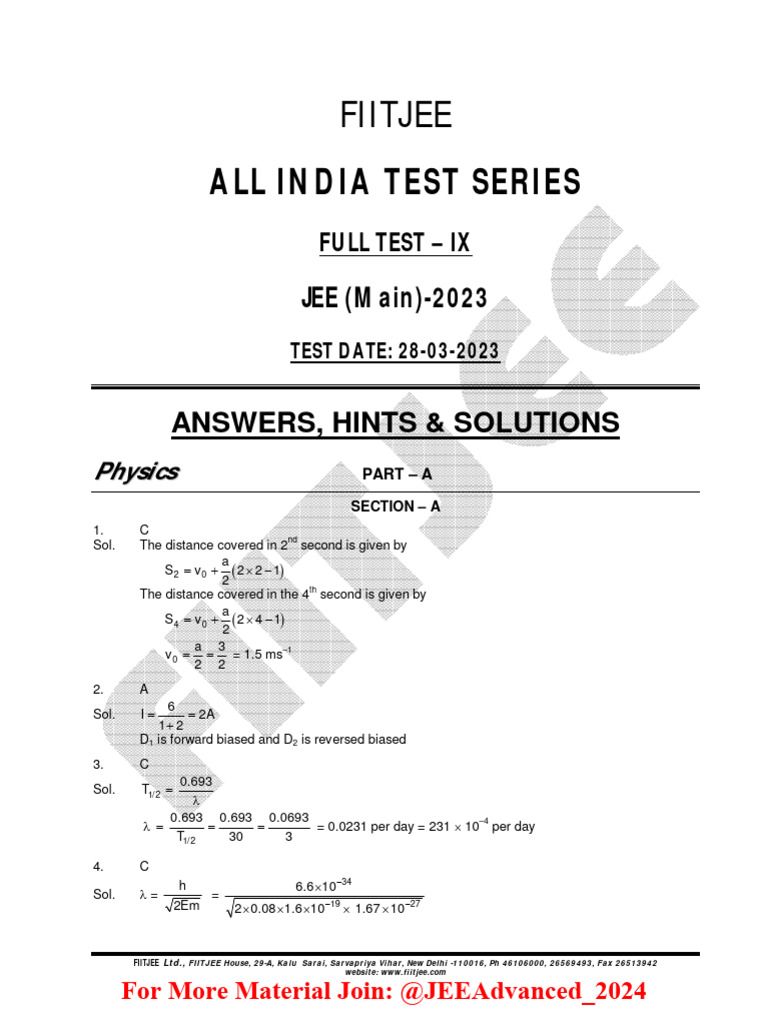 AITS 2223 FT IX JEEM TD Sol | PDF | Electromagnetism | Electrical Engineering