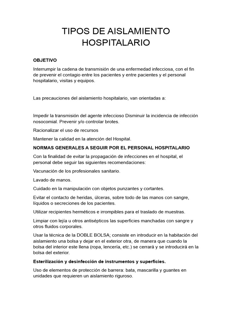 Tipos de Aislamiento Hospitalario | PDF | Infección | Infección ...