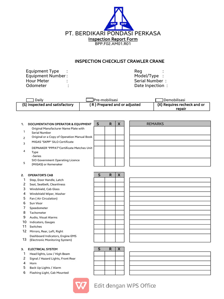 Crawler Crane Inspection Checklist | PDF | Crane (Machine) | Brake