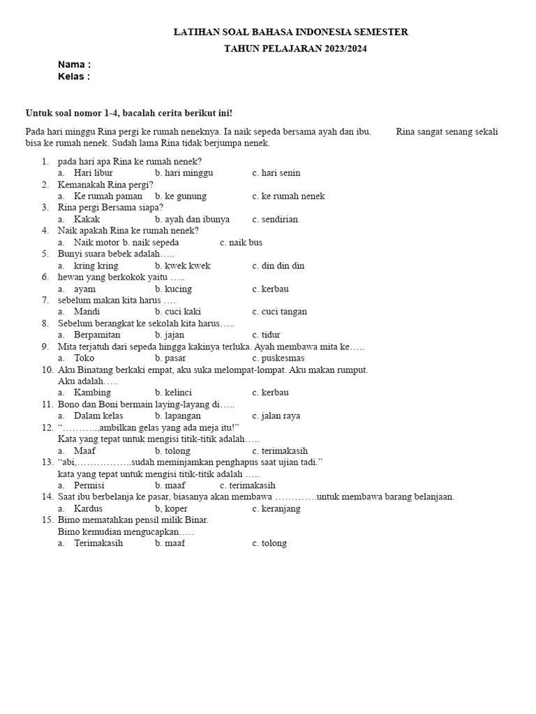 Latihan Soal Bahasa Indonesia Semester Tahun Pelajaran 2023 | PDF | Griya & Taman