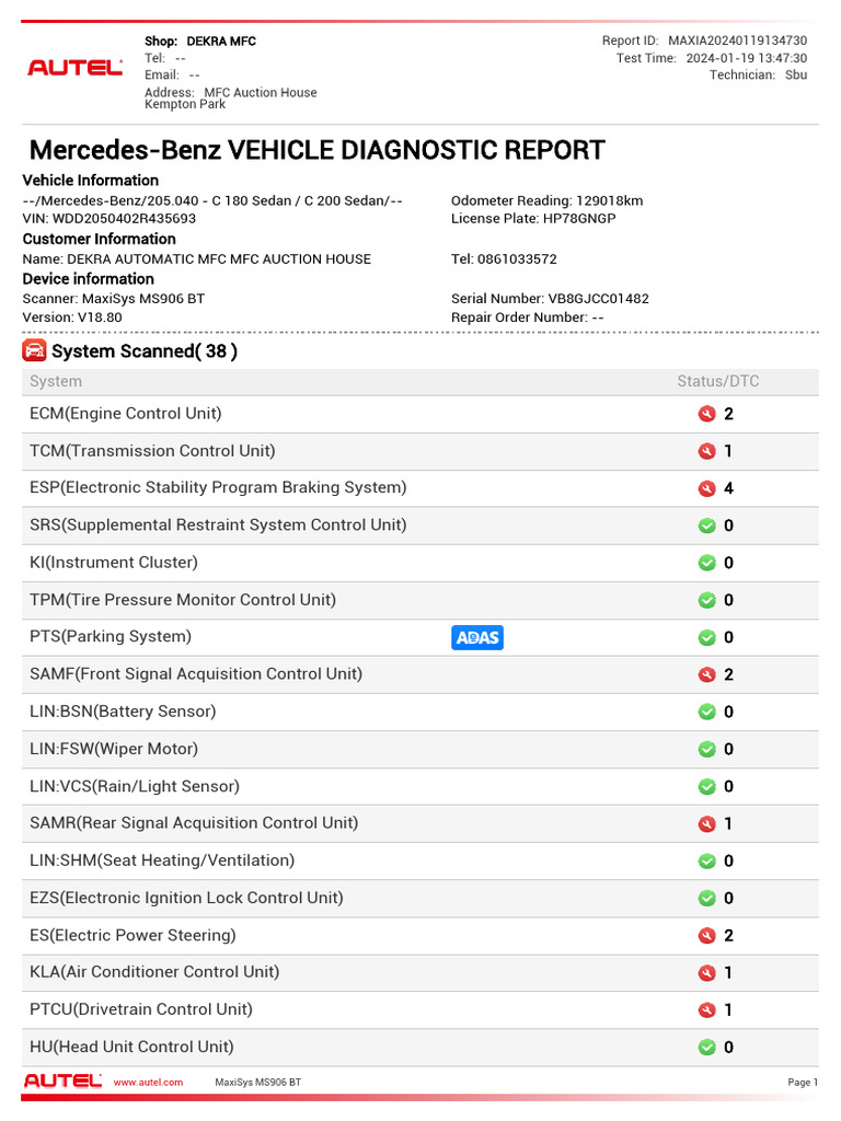 Mercedes-Benz Vehicle Diagnostic Report: System Scanned (38) | PDF ...