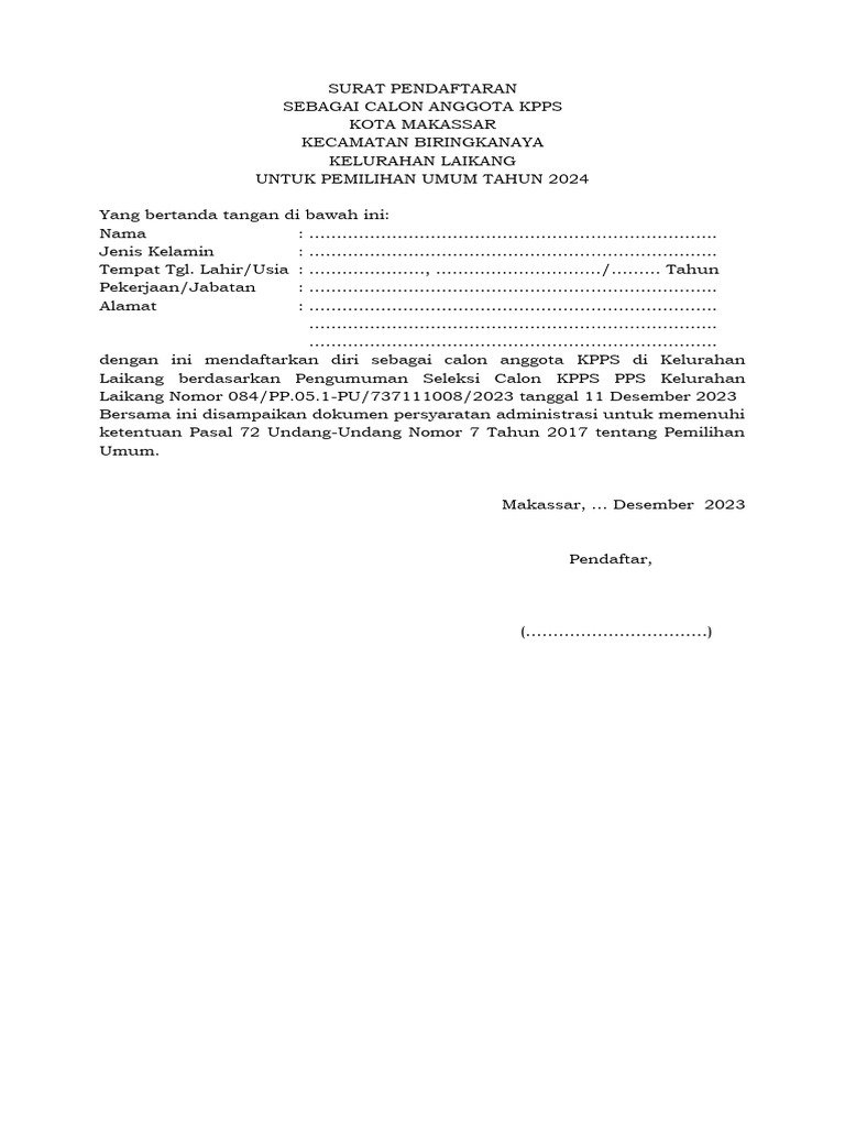 Formulir Pendaftaran KPPS Kelurahan Laikang | PDF
