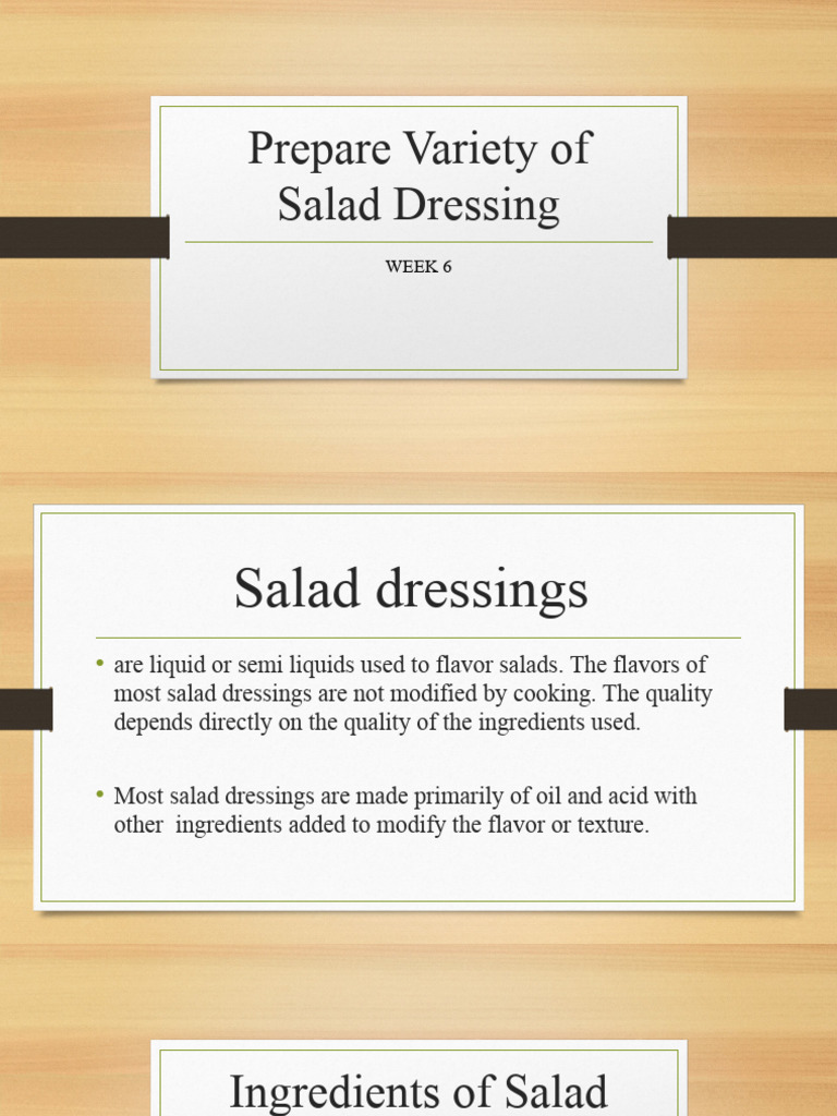 Types and Ingredients of Salad Dressings | PDF | Mayonnaise | Vinaigrette