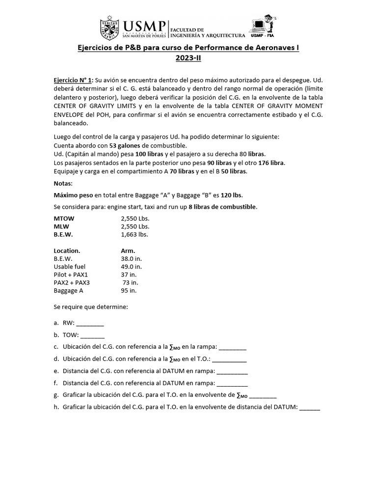 Ejercicio PESO Y BALANCE 1 | PDF | Ingeniería Aeroespacial | Aeroespacial