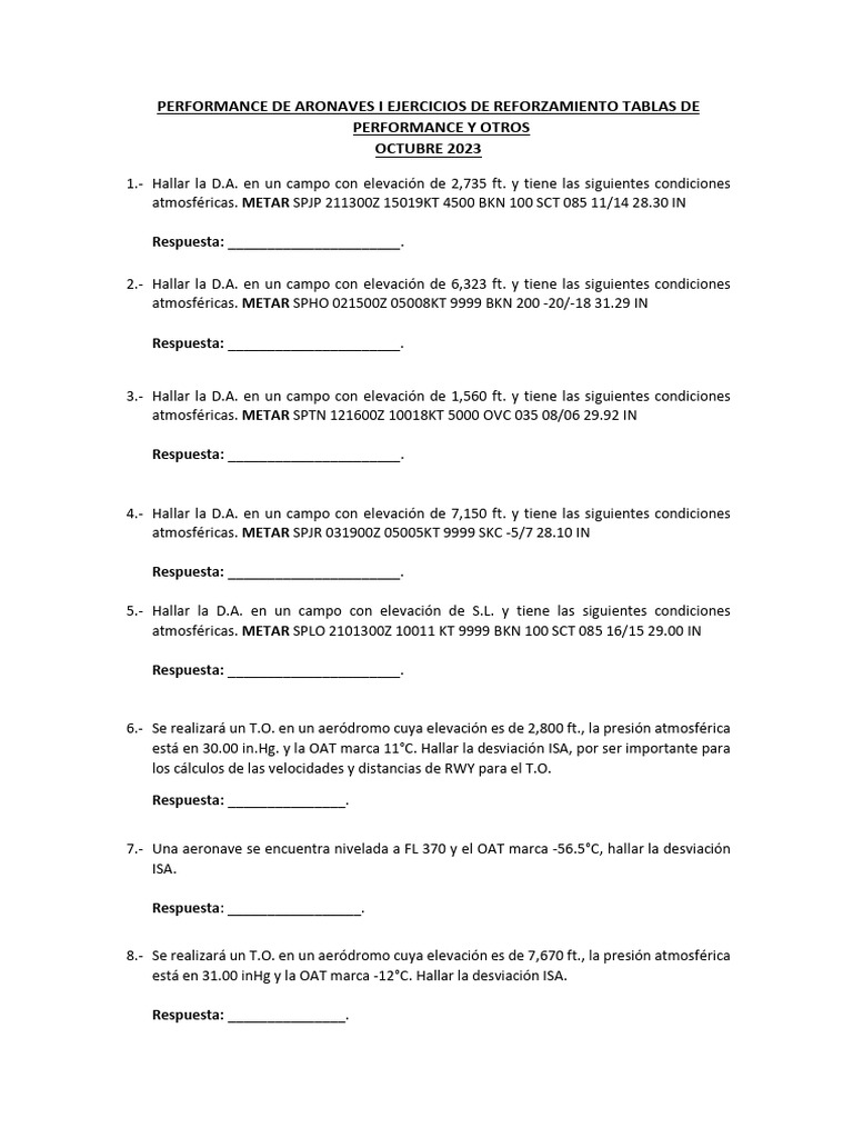 Performance de Aronaves I Ejercicios de Reforzamiento Tablas de ...